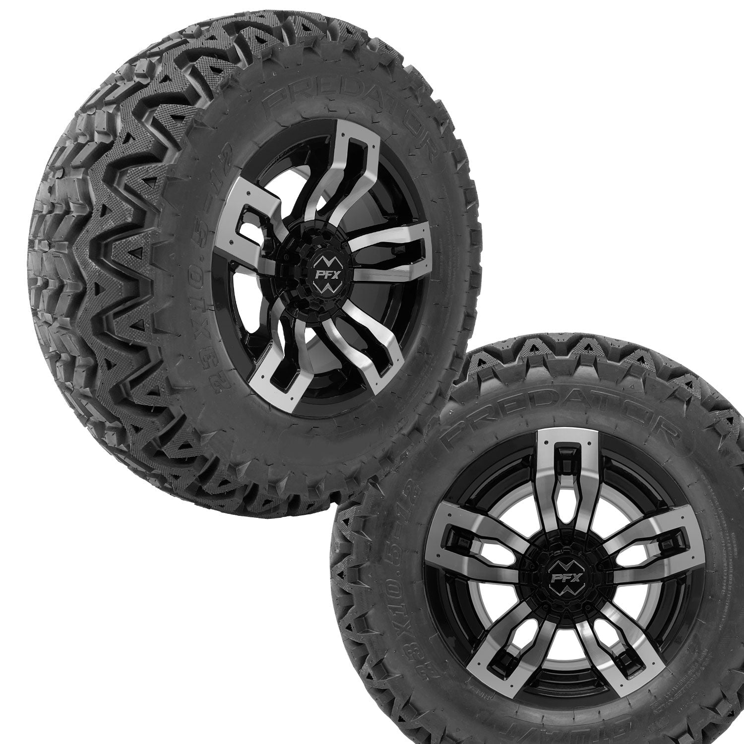 12" Velocity Machined/Black Wheels on 23x10x12 A/T Tires (Set of 4) Go